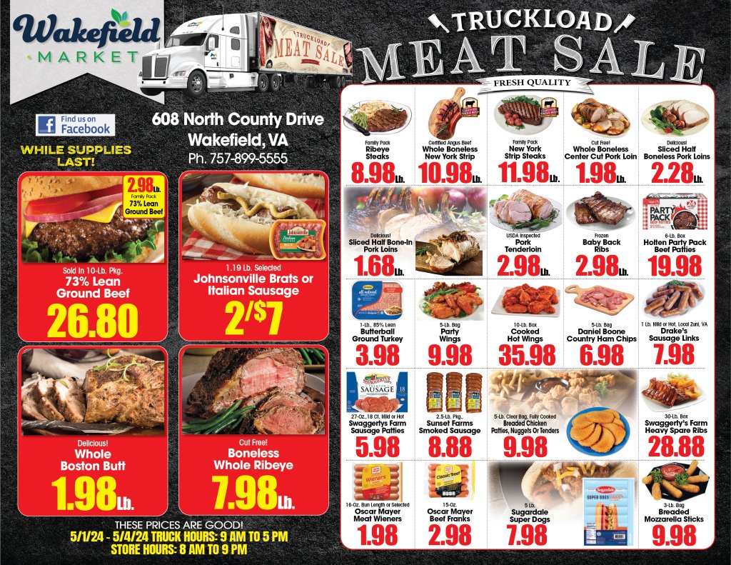 Truckload Meat Sale 5/1-5/4 - 9am to 5pm - Wakefield Market